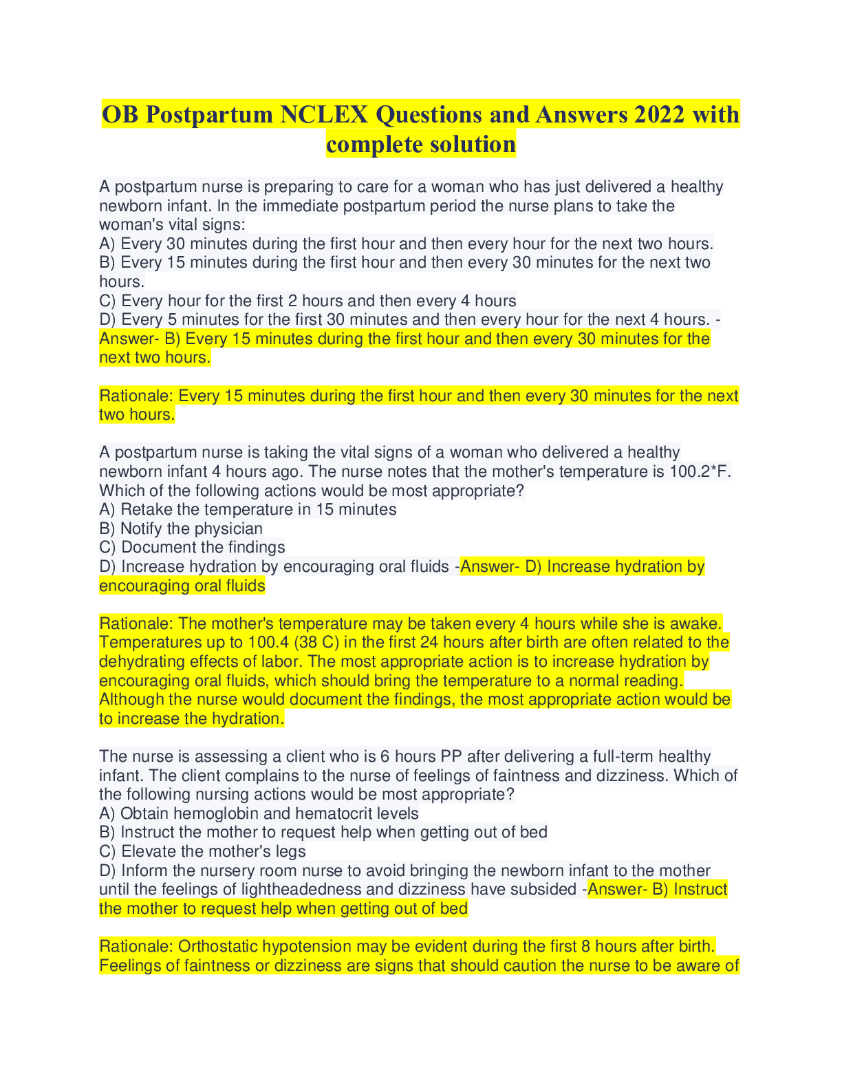 OB Postpartum NCLEX Questions and Answers 2022 with complete solution – Scholarfriends ...